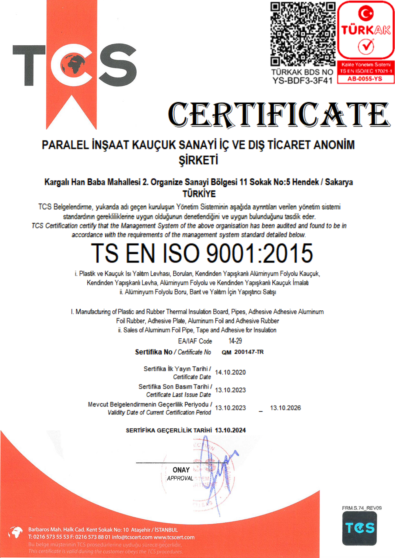 CERTIFICATE – Pa-flex – Paralel İnşaat Kauçuk San. İç ve Dış Tic. A.Ş