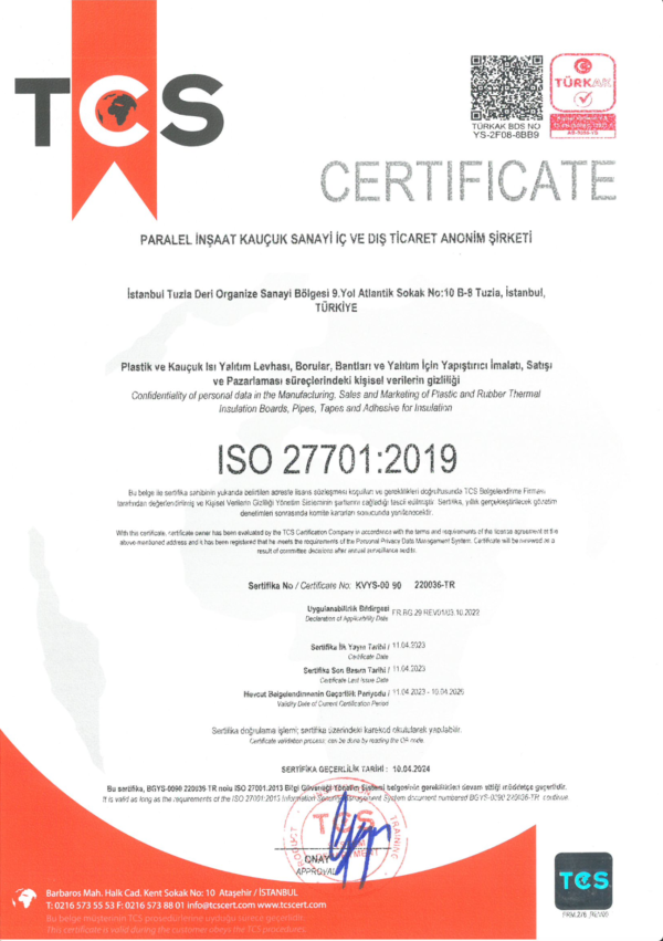 CERTIFICATE – Pa-flex – Paralel İnşaat Kauçuk San. İç ve Dış Tic. A.Ş